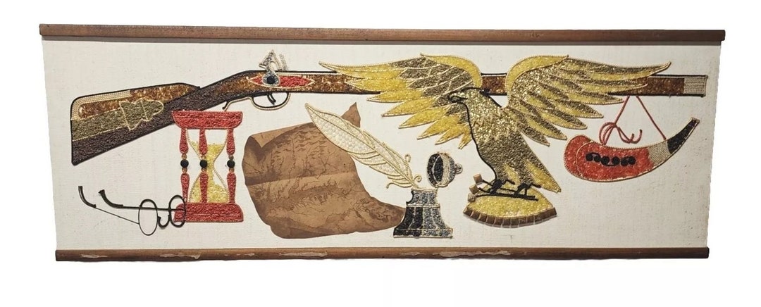Vtg MCM Large Mosaic Wood Americana Gravel Art Wall Hanging Colonial ...