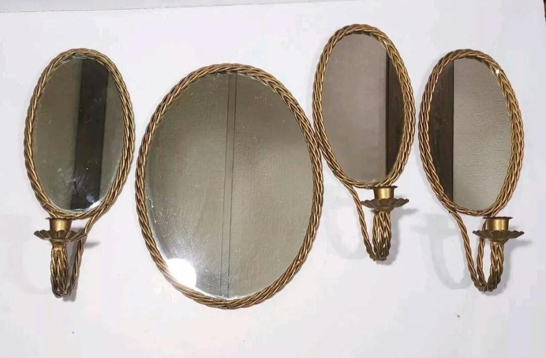 4 Vintage Mirror Metal Gold Twisted Rope Style Candle Holder Wall ...