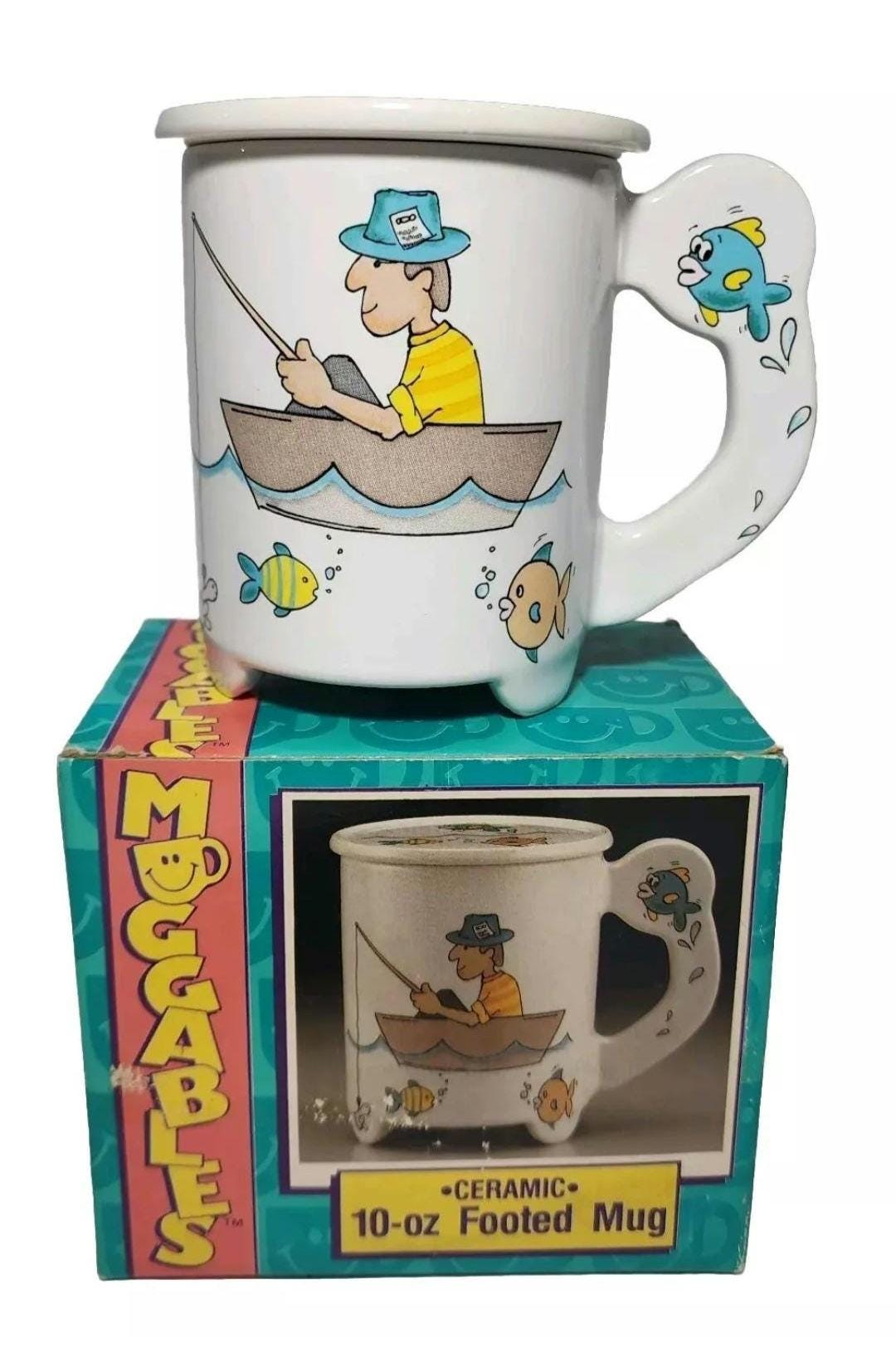 Vtg Muggables Fishing Fish Mug Cup W Box Footed and Lid 1991 Boat Dad ...
