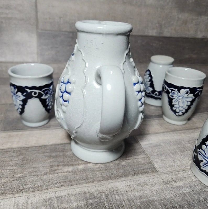 Vintage German Stein Beer Wine Drink Pitcher & 5 Cups Set Barware ...