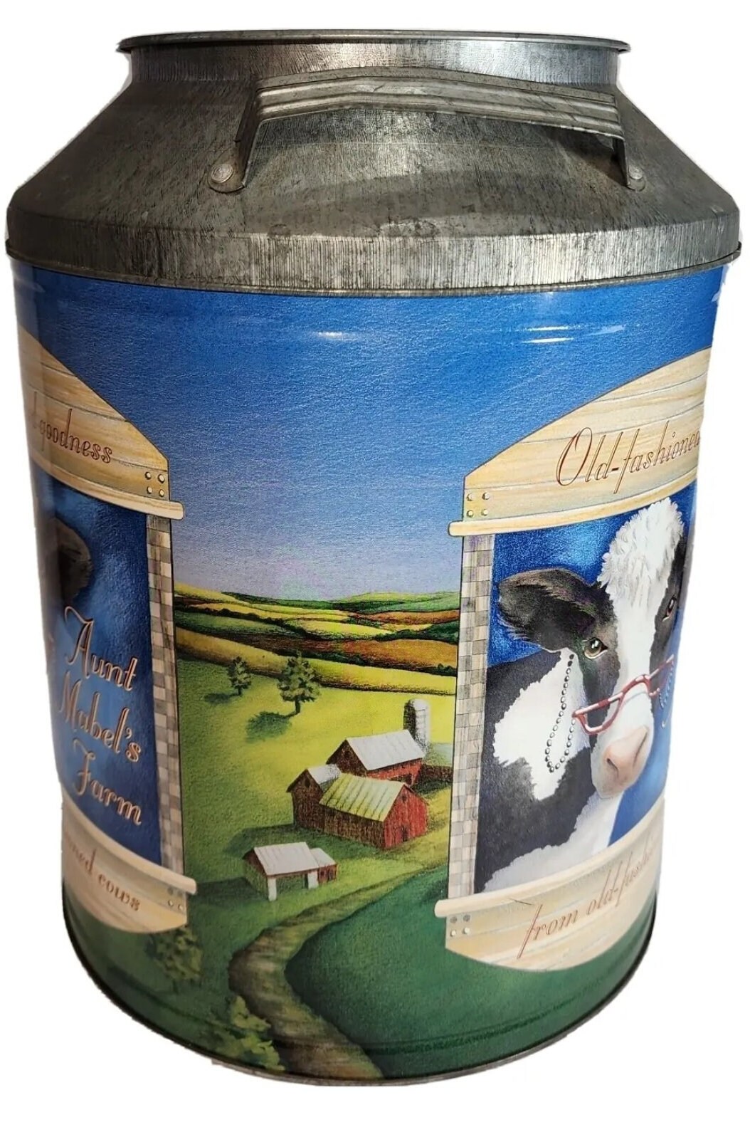 Vintage 1995 Cow Aunt Mabel's Farm Milk Can Tin Houston Foods Popcorn ...