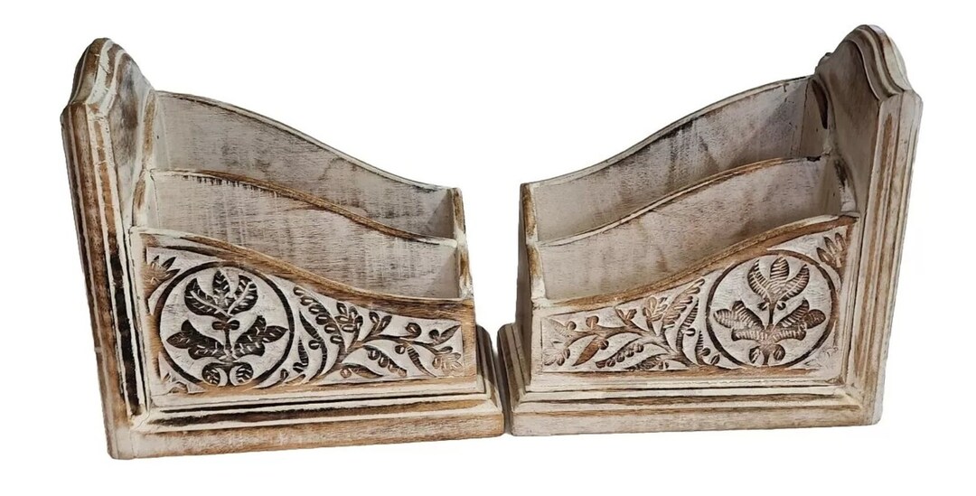 2 Distressed Wood Bookends With Letter Holder Slots Storage White ...