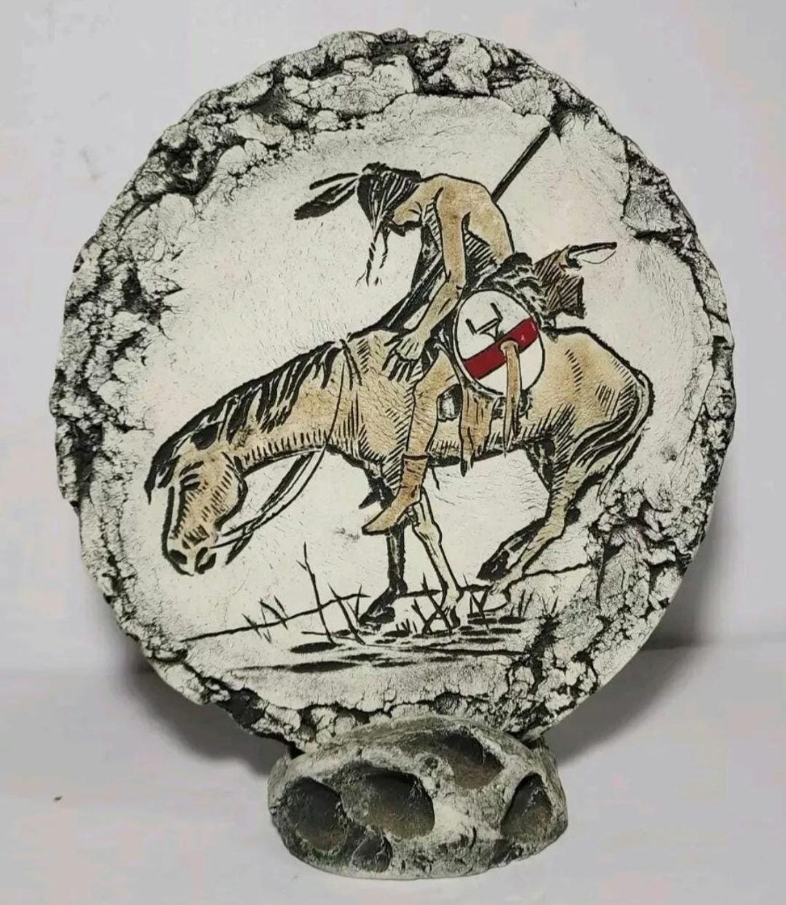 2 Native American Etched Stone Art Signed Artist Stan Langtwait End of ...