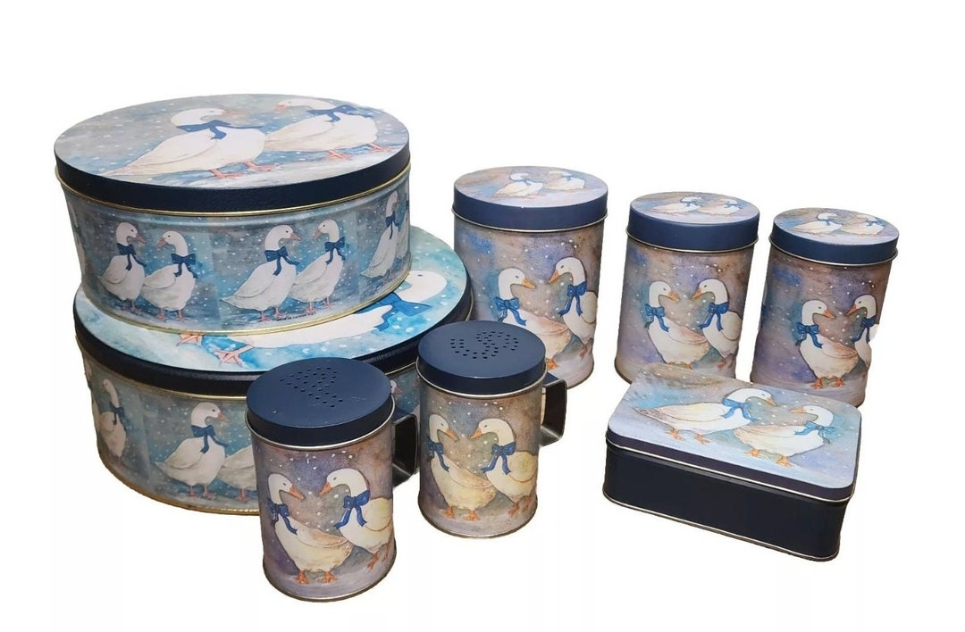Vtg Nesting Tin Canisters Set Winter Geese Ducks Blue Ribbons With Salt ...