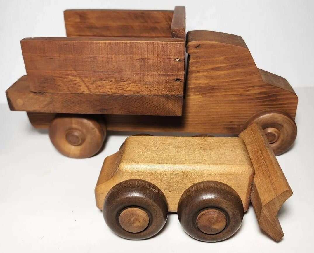2 Vintage Genuine Wood Construction Toys BULLDOZER & DUMP TRUCK ...
