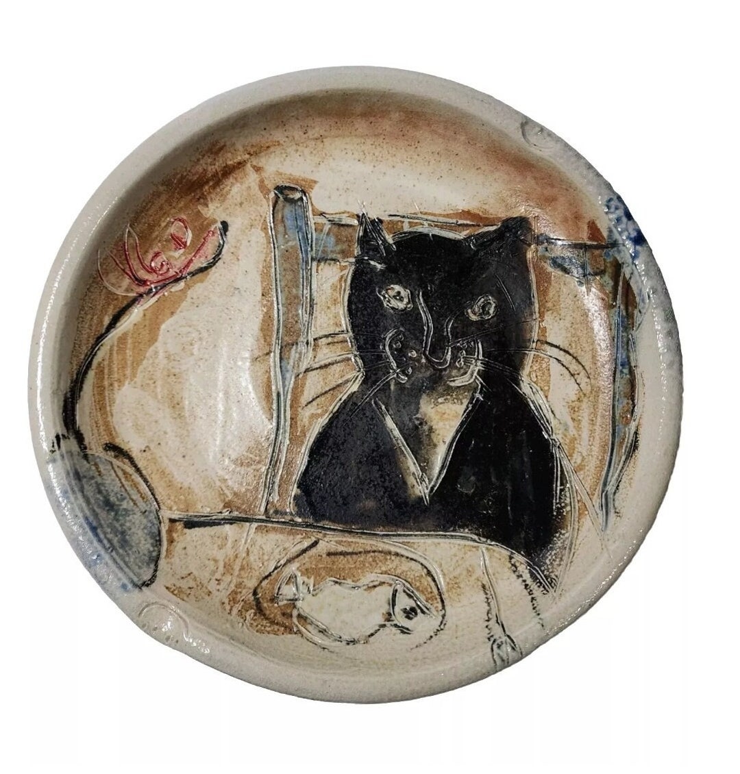 Vtg Kitty Cat Pottery Plate Dish Artist Signed Textured Bowl Mouse Paws ...