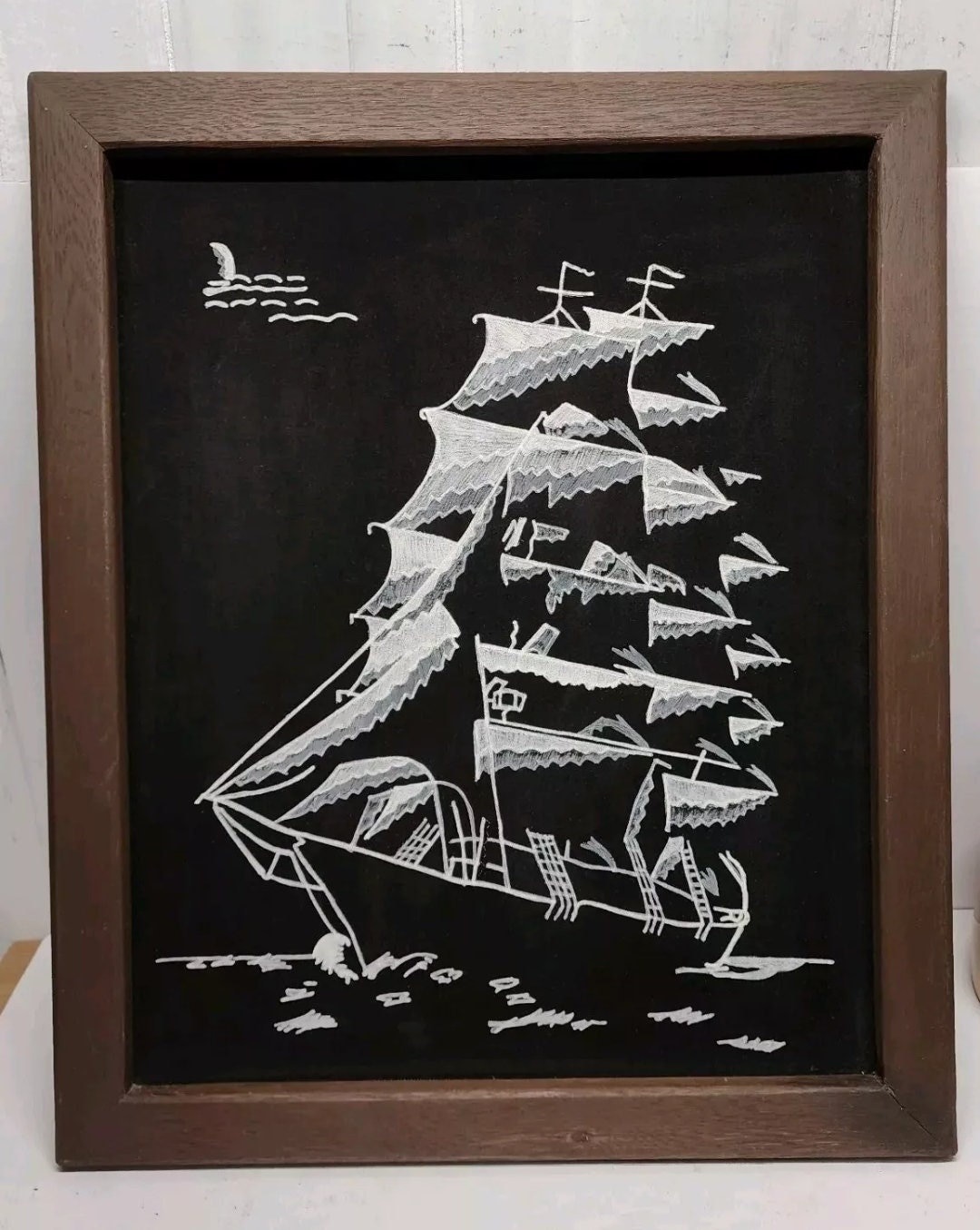 Vintage Ship Boat Pirate Painting on Black Velvet Wood Fabric Wood ...