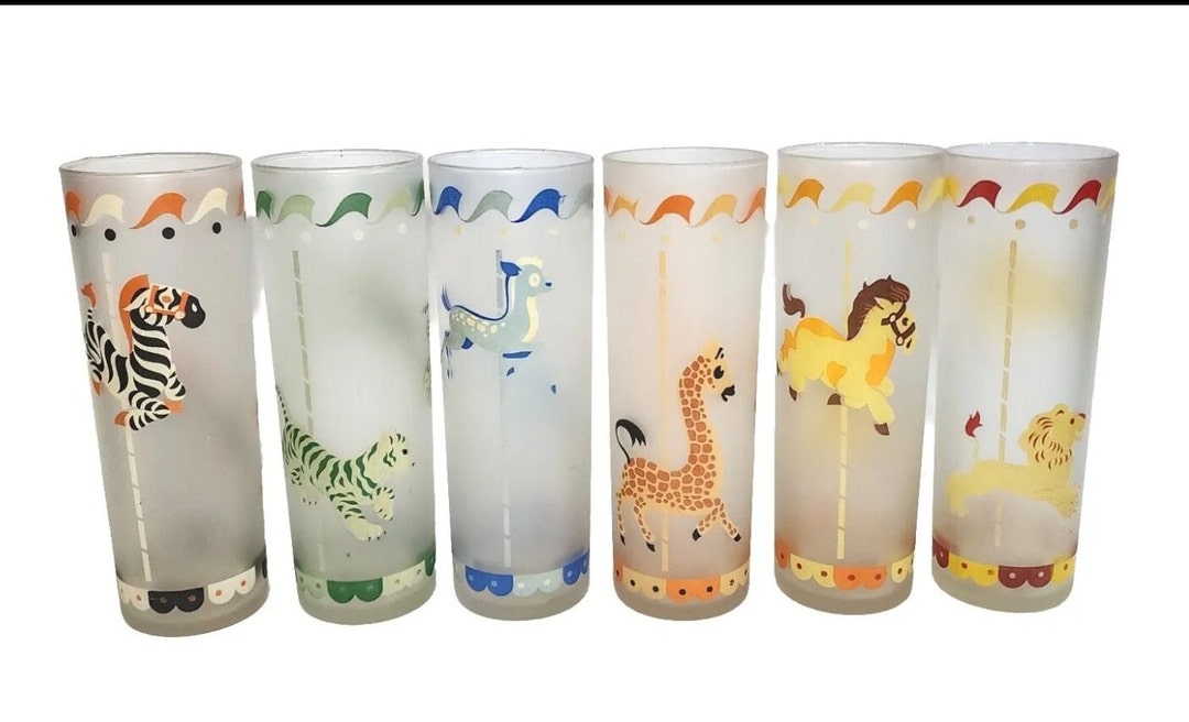 6 Vtg Libbey Carousel Drink Glasses Merry Go Round Animal Frosted ...