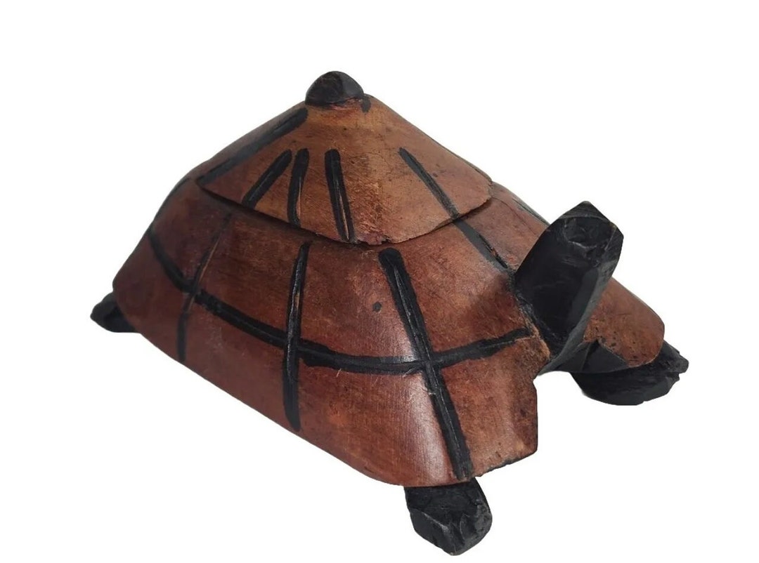 Wood Carved Turtle Trinket Treasure Box African India Signed by Artist ...