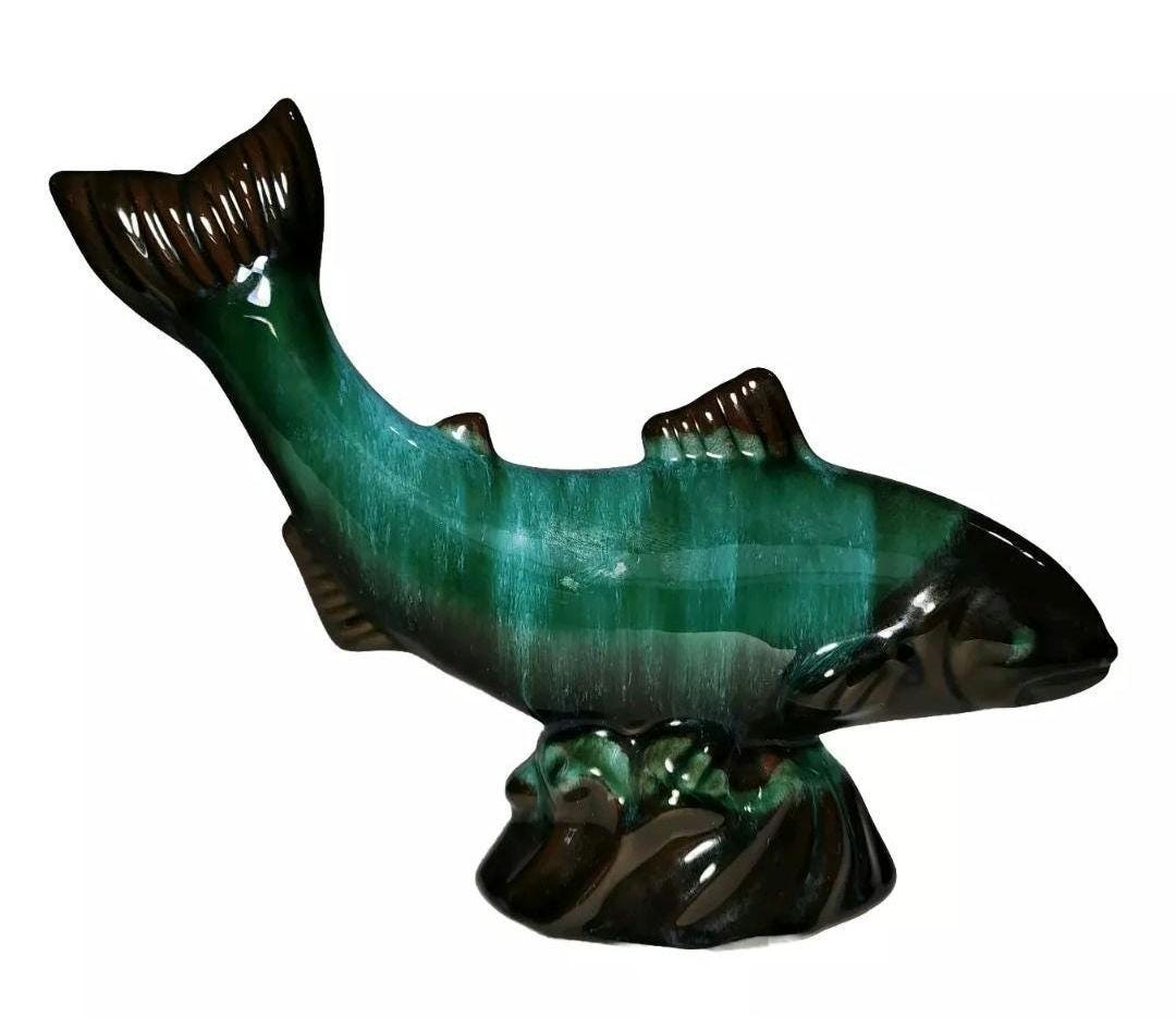 Blue Mountain Pottery Art Fish Trout Figurine Statue Green Blue Glaze 7 ...