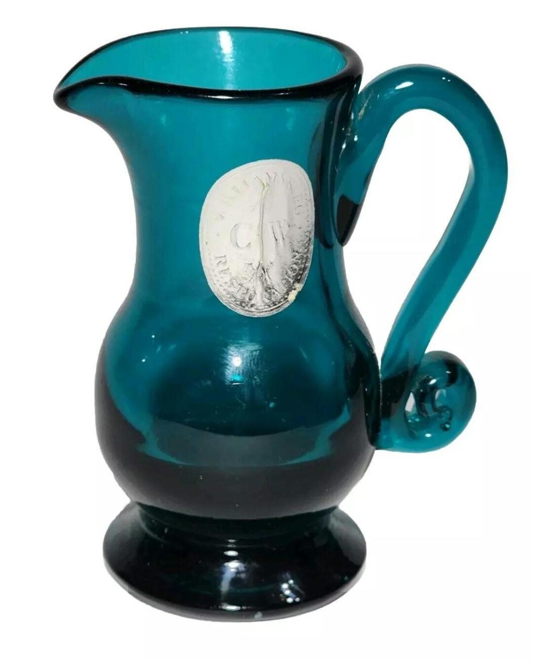 CW Williamsburg Restoration Blown Glass Teal Blue Pitcher 4" With Label ...