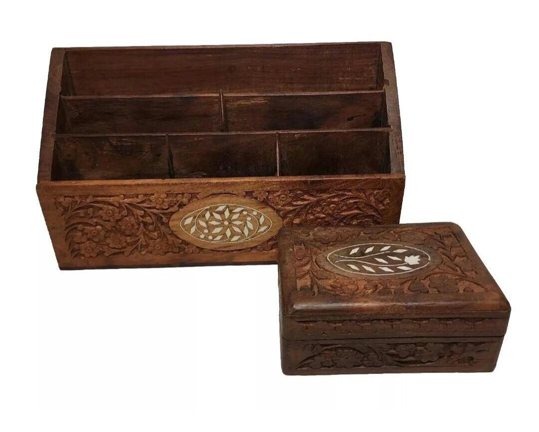 Vtg Ornate Carved Wood Desk Set Letter Organizer Holder and Box India ...