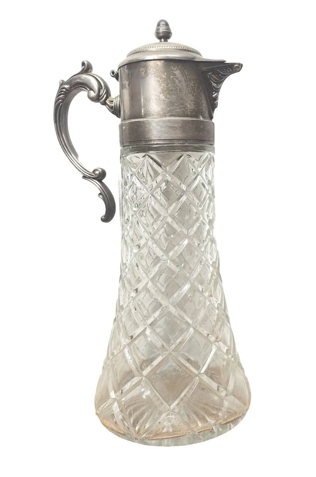 Vintage Large 14" Diamond Crystal Glass Water Pitcher Decanter Silver ...