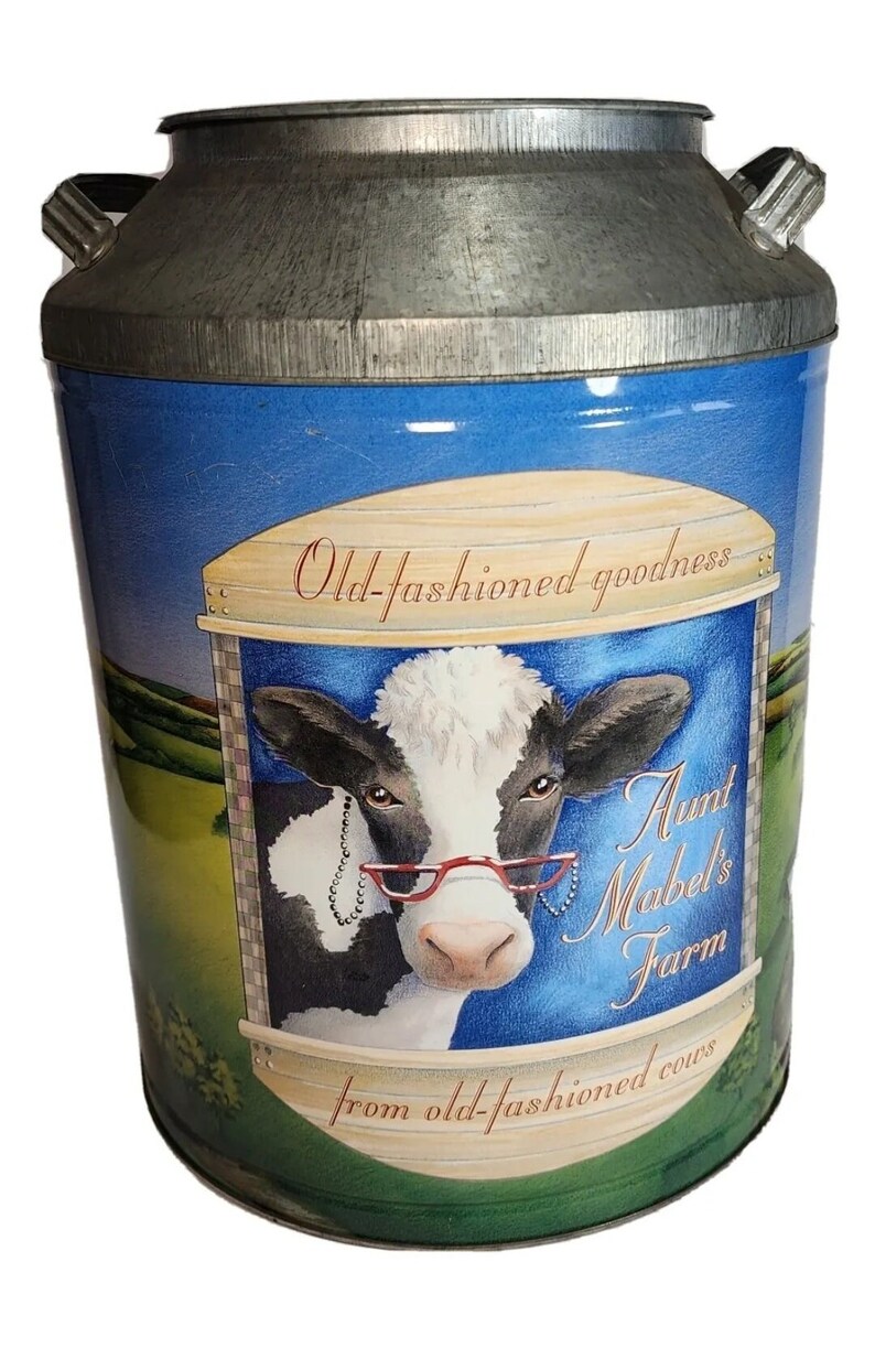 Vintage 1995 Cow Aunt Mabel's Farm Milk Can Tin Houston Foods Popcorn ...