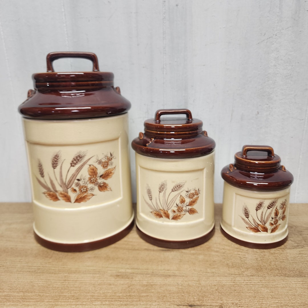 3 Vintage Canisters Kitchen Storage Set Sears Roebuck Ceramic Wheat ...