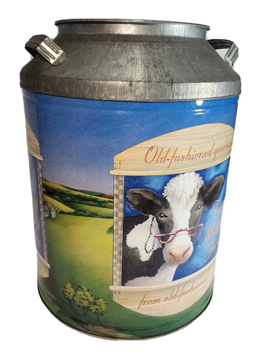 Vintage 1995 Cow Aunt Mabel's Farm Milk Can Tin Houston Foods Popcorn ...