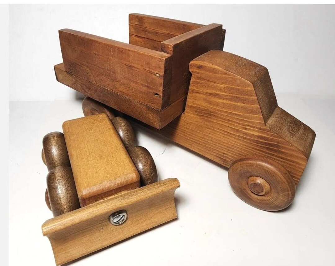 2 Vintage Genuine Wood Construction Toys BULLDOZER & DUMP TRUCK ...