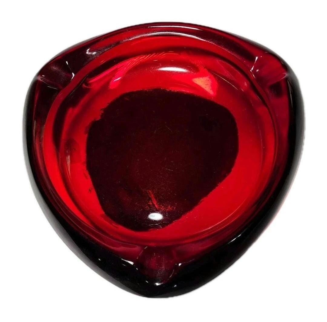 Vintage Viking Ruby Red Glass Ashtray Hand Made Heavy 8.5" With Label 3 ...