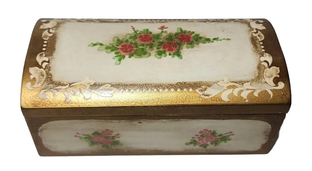 Vintage Wood Music Jewelry Box Hand Painted Gold With Flowers Red ...