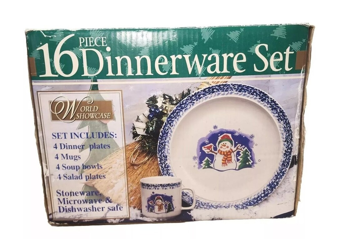 NOS 16pc World Showcase SNOWMAN Stoneware Christmas Dinnerware Set ...