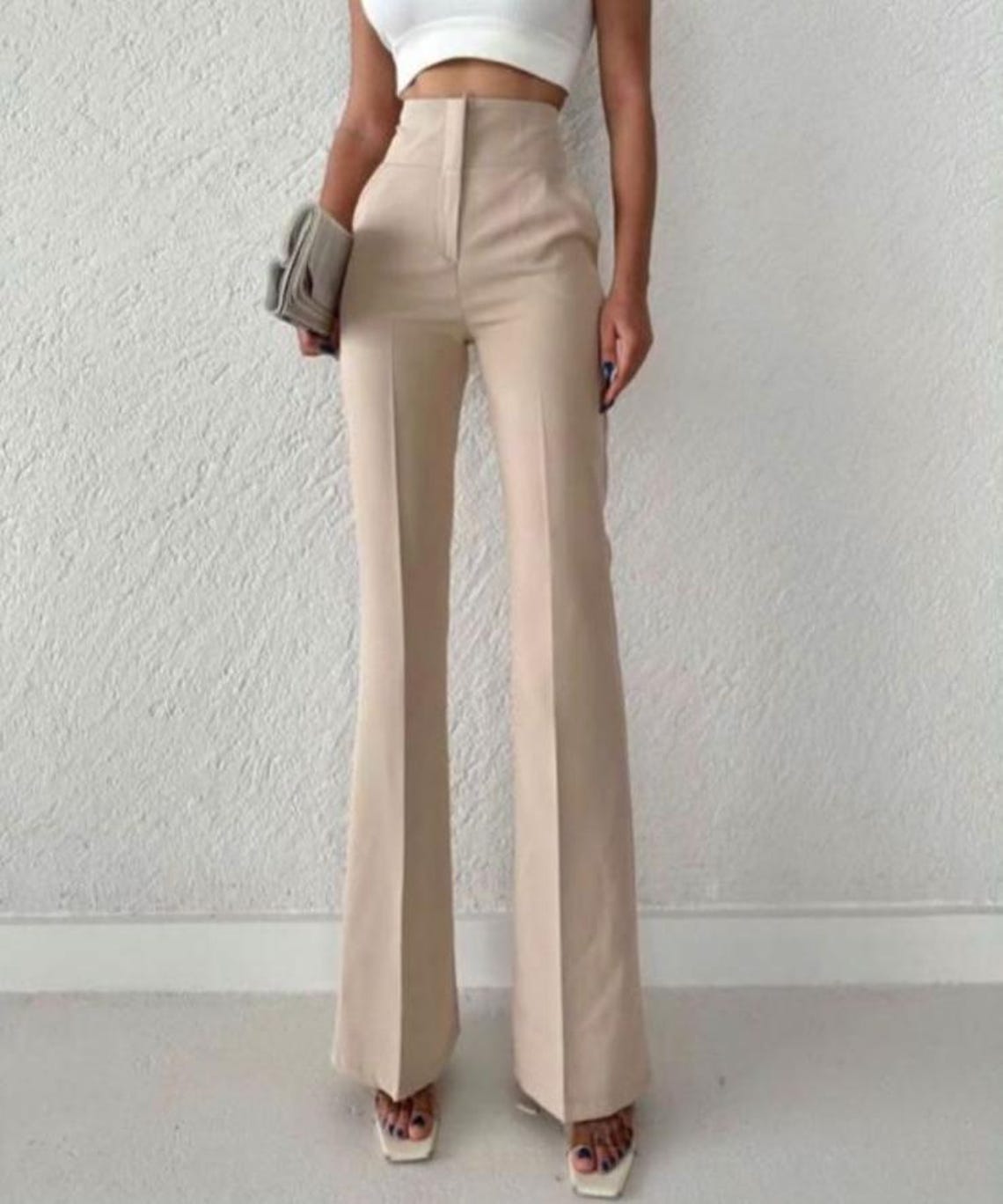 Sea Queen Women's Extra High Waist Flared Bell Bottom Fabric Trousers ...