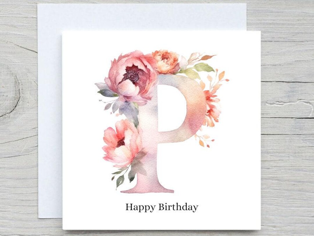 Initials Card, Floral Alphabet Card, Custom Card, Letter P Card ...