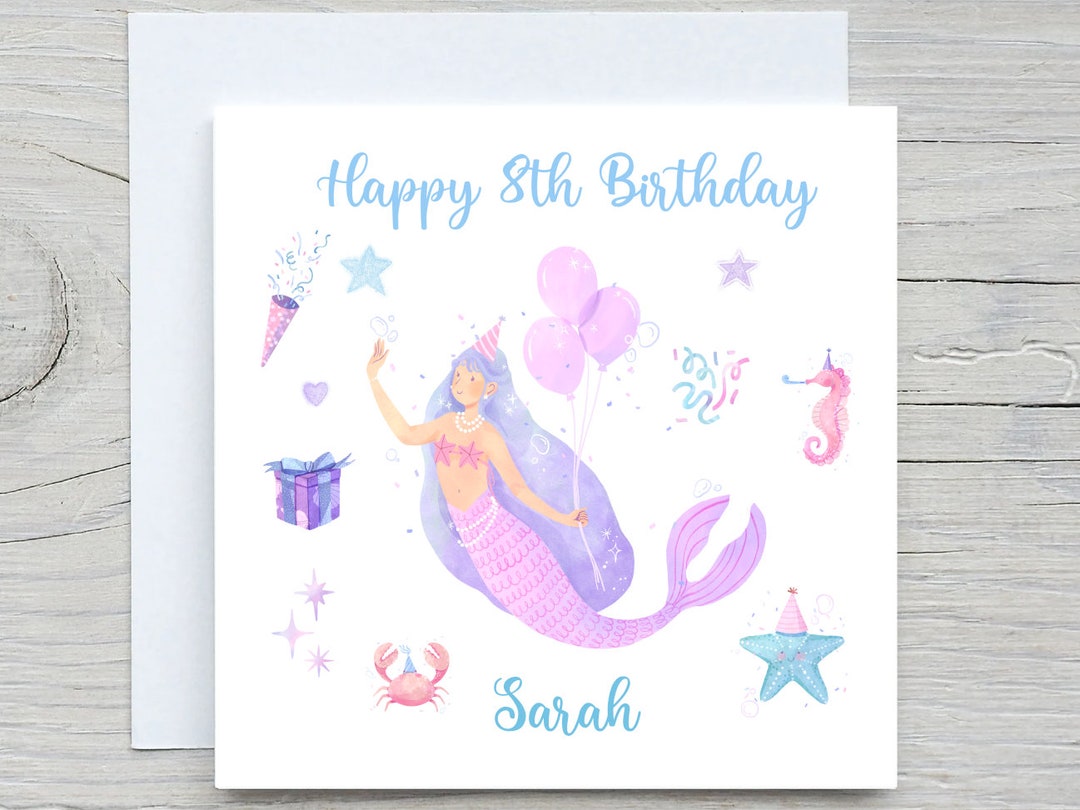 Personalised Birthday Card, Mermaid Birthday Card, Watercolor Birthday ...