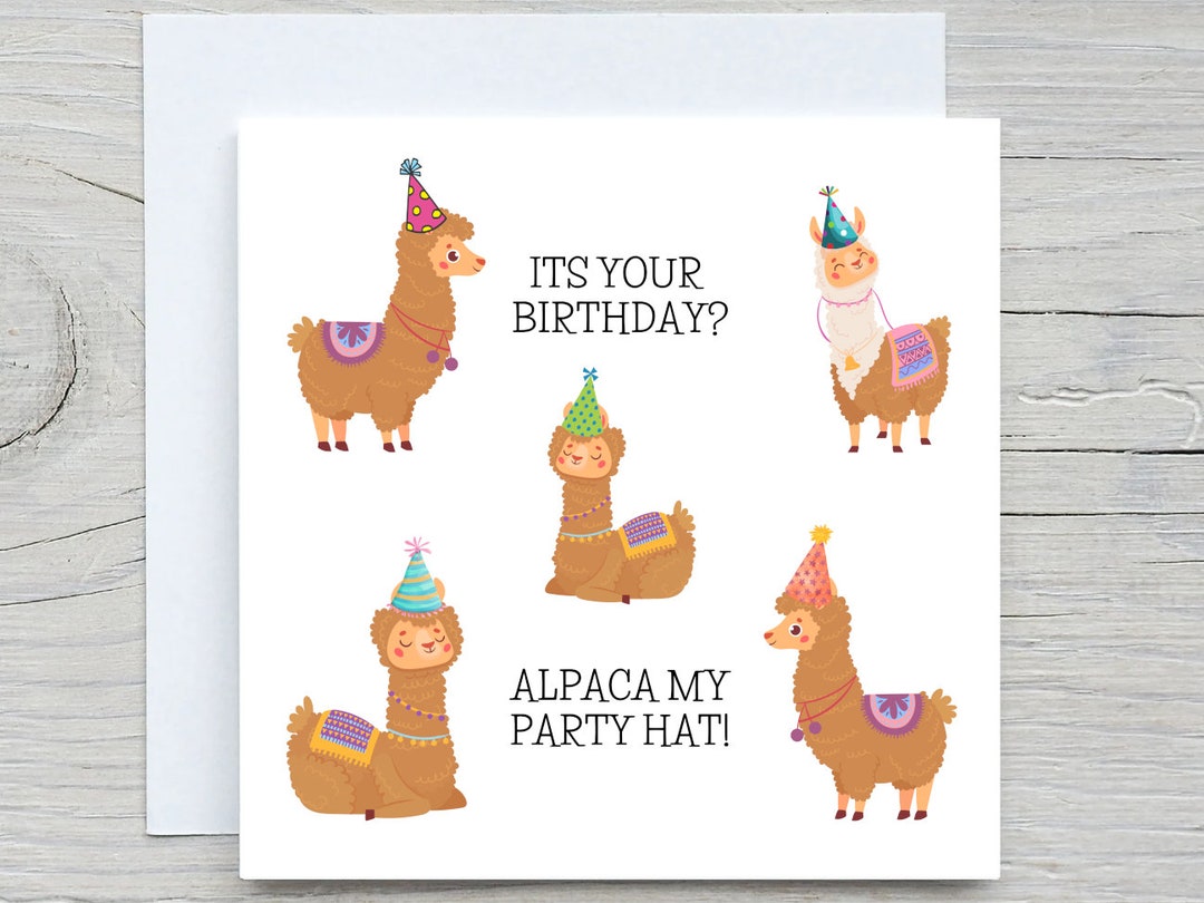 Birthday Card, Cute Card, Happy Birthday Card, Alpaca My Party Hat Card ...