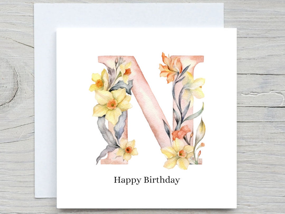 Initials Card, Floral Alphabet Card, Custom Card, Letter N Card ...