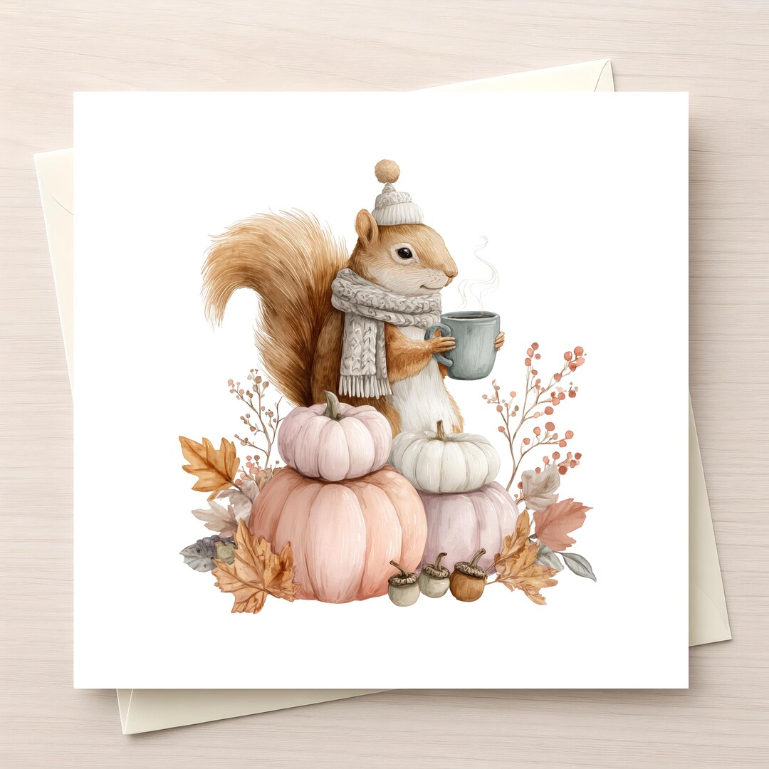 Watercolor Squirrel Fall Card – Autumn Pumpkins & Leaves - Etsy
