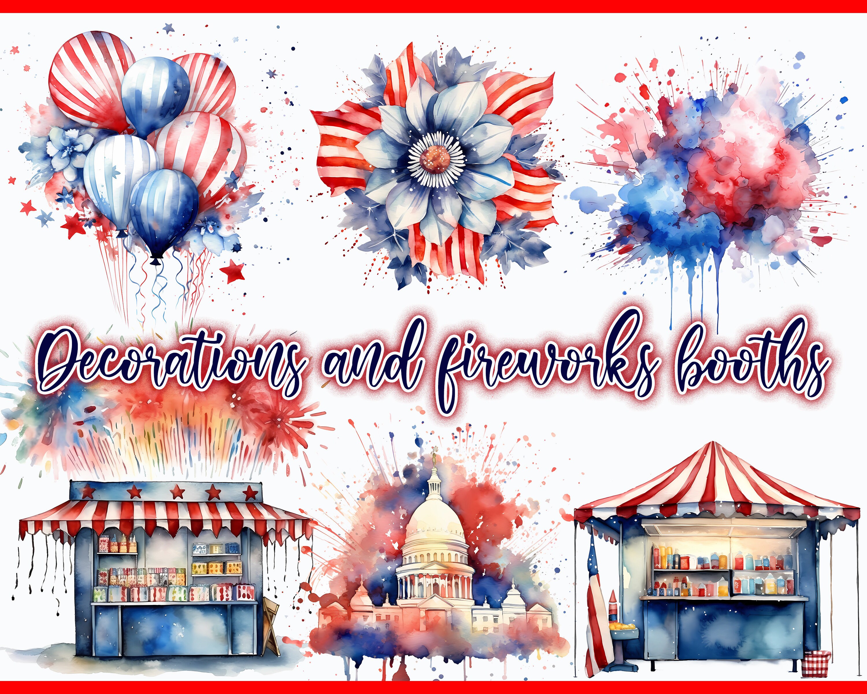 Watercolor 4th of July Clipart, Digital 4th of July Png, Graphics for ...