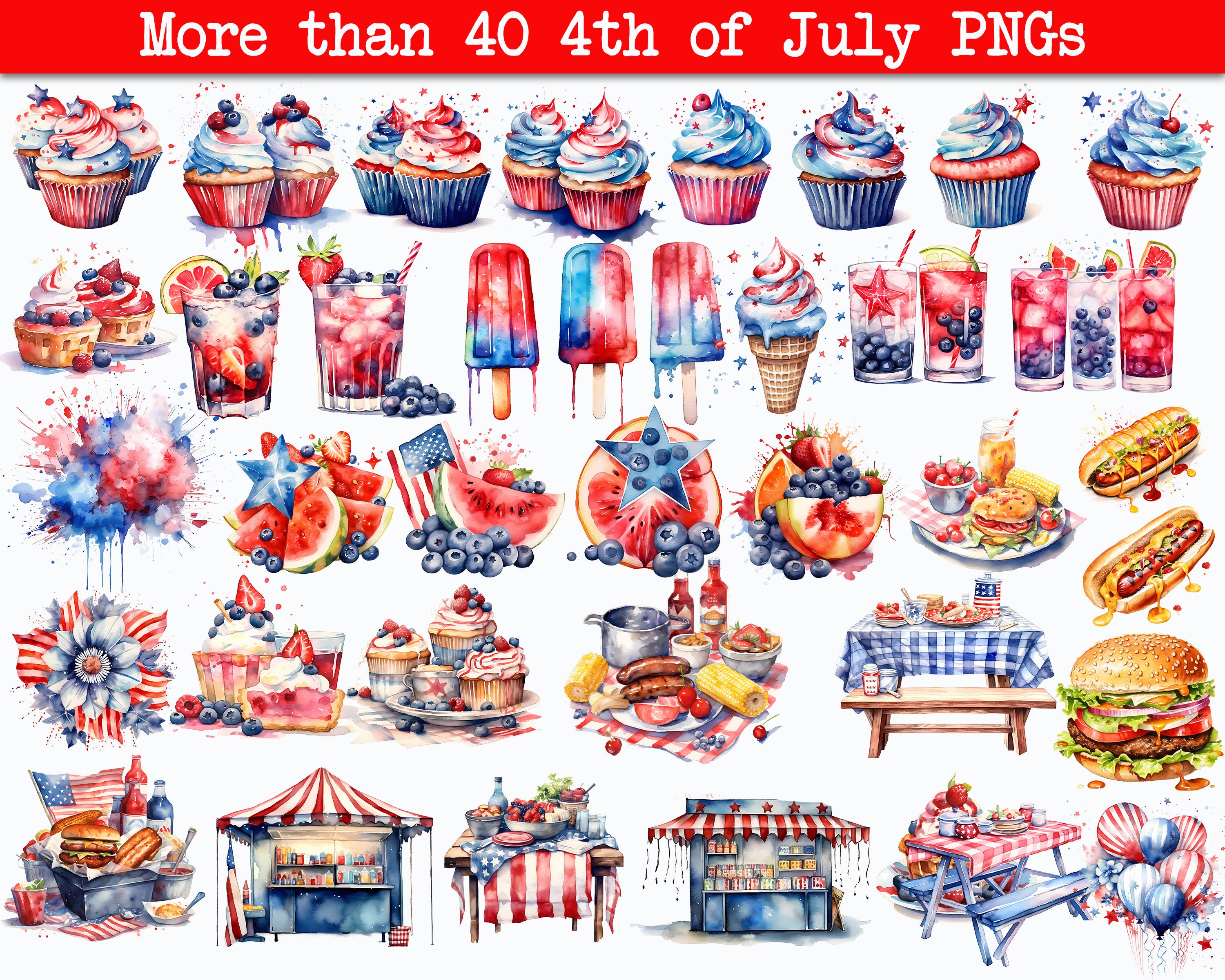 Watercolor 4th of July Clipart, Digital 4th of July Png, Graphics for ...