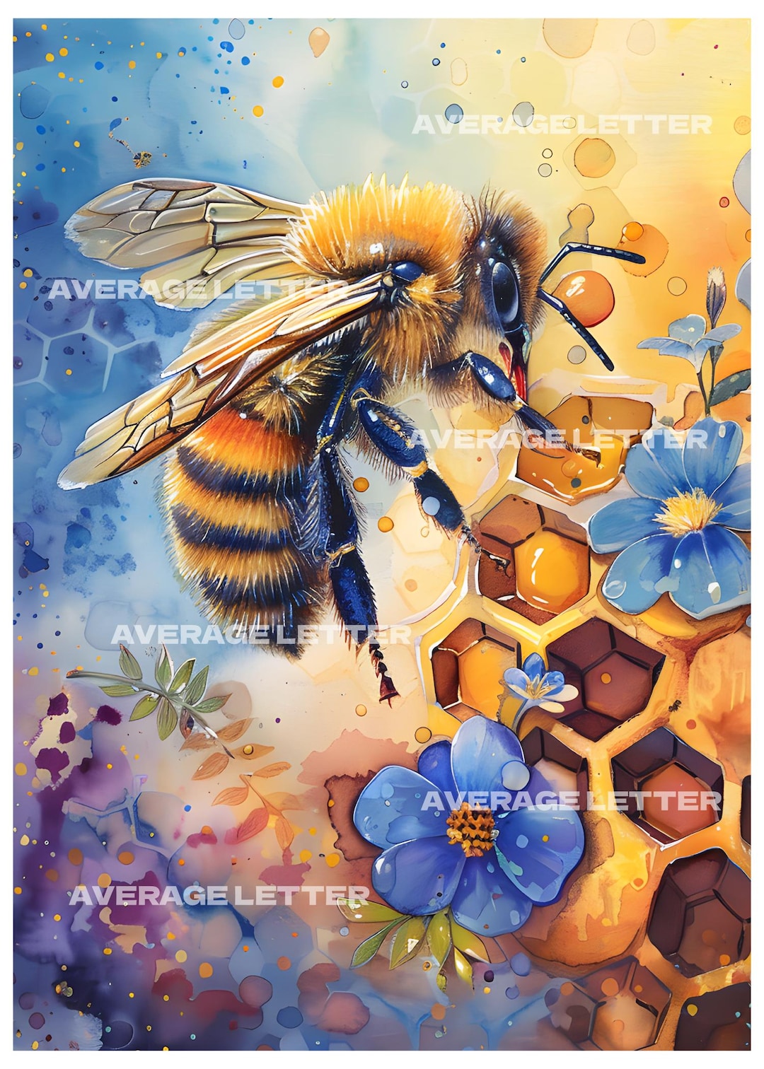 Bee & Honeycomb Watercolor Print | Floral Bee Art | 5x7 Digital ...