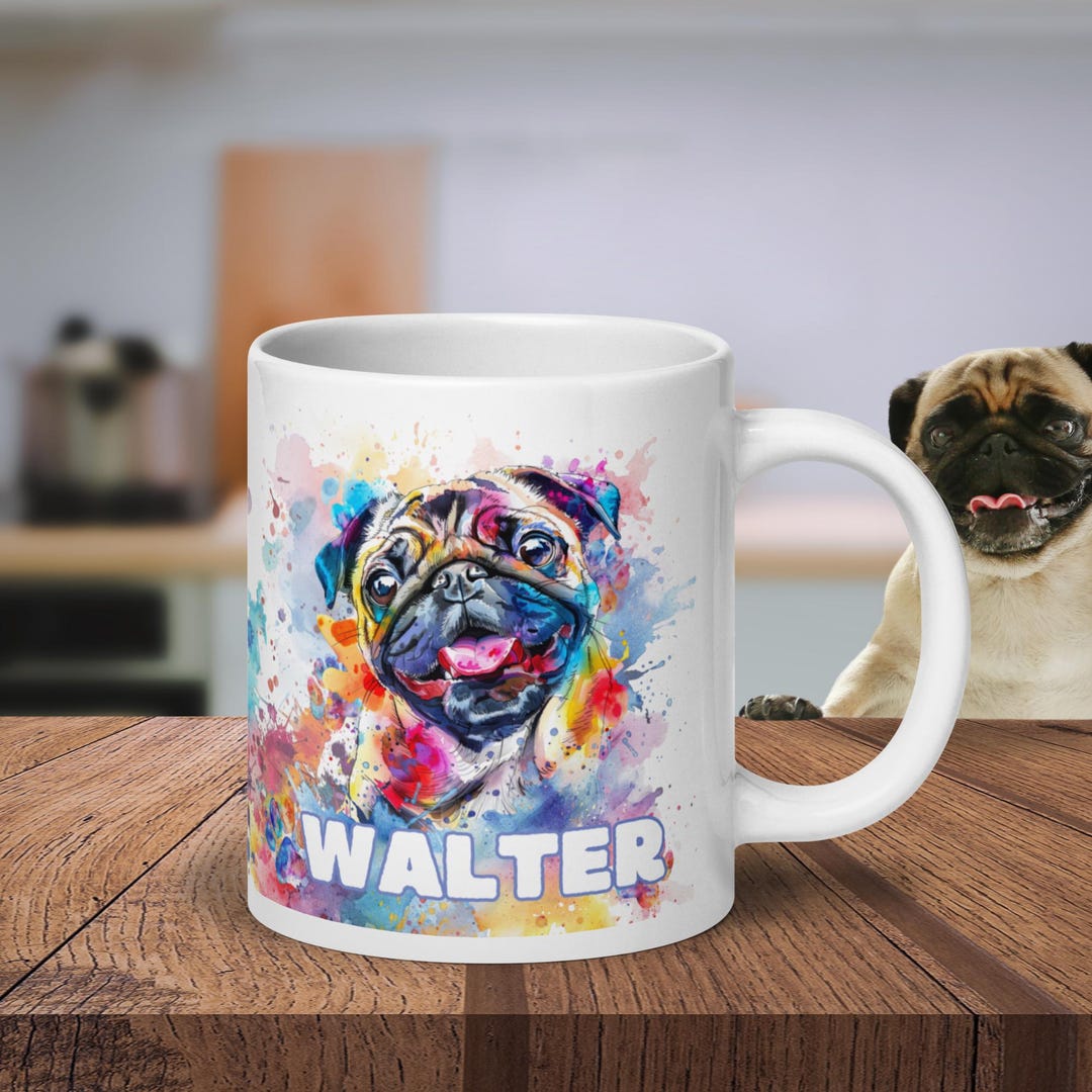 Personalized Pet Pug Dog Mug, Cute Watercolor Pug Graphic, Colorful Pet ...