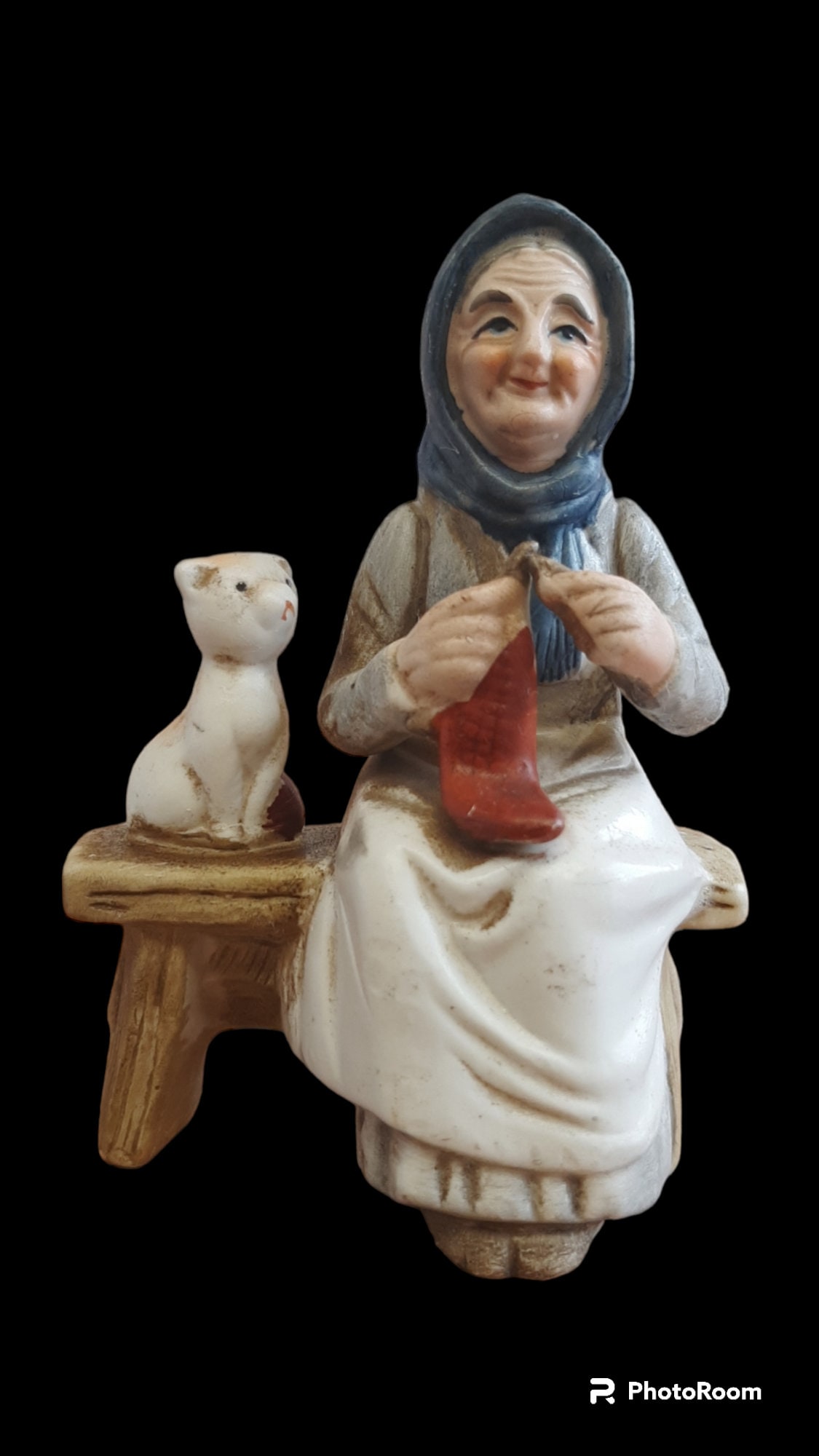 Vintage Knitting Old Lady on a Bench With Cat Figurine,made in Korea - Etsy