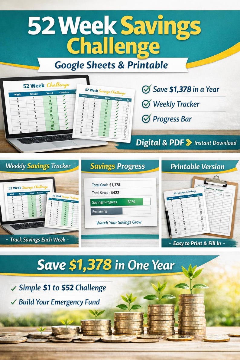 52 Week Savings Challenge | Google Sheets Printable | Savings Tracker ...