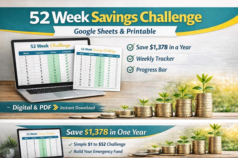 52 Week Savings Challenge | Google Sheets Printable | Savings Tracker ...