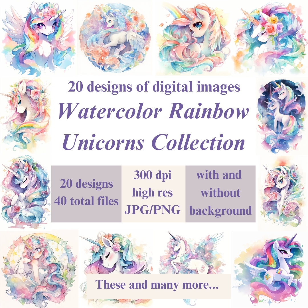 Rainbow Unicorns Clip Art PNG JPG 20 Watercolor Unicorn Images Digital ...