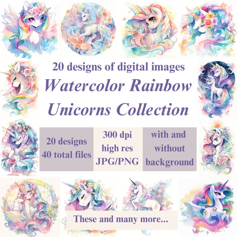 Rainbow Unicorns Clip Art PNG JPG 20 Watercolor Unicorn - Etsy