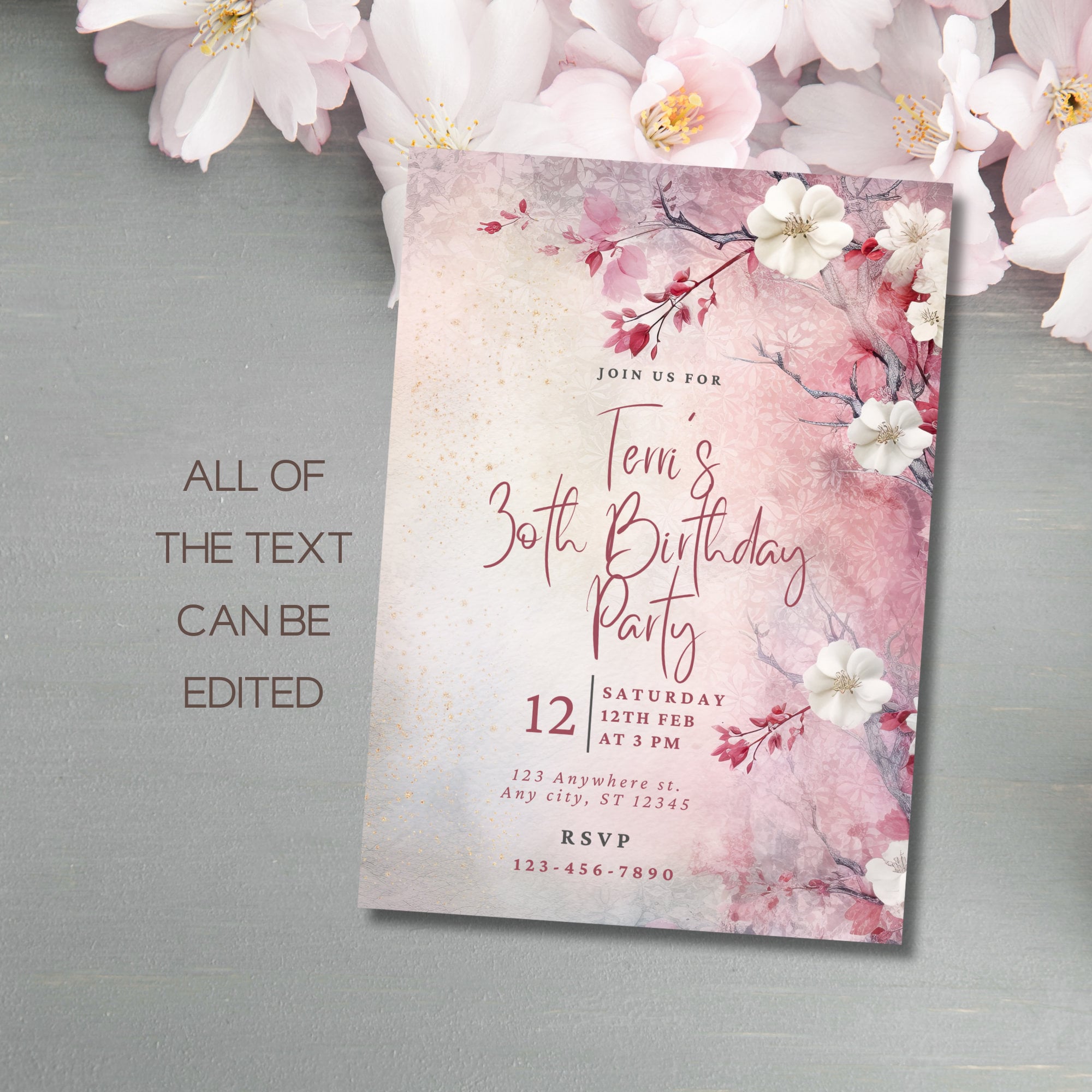 Red Cherry Blossom Birthday Invite, Birthday Invitation, Floral Gold ...