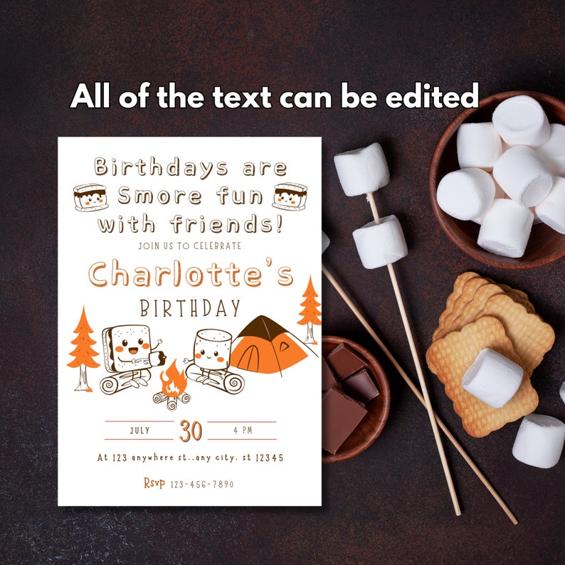 Smore Birthday Invite Template, Outdoor Birthday Invitation, Kids Bday ...
