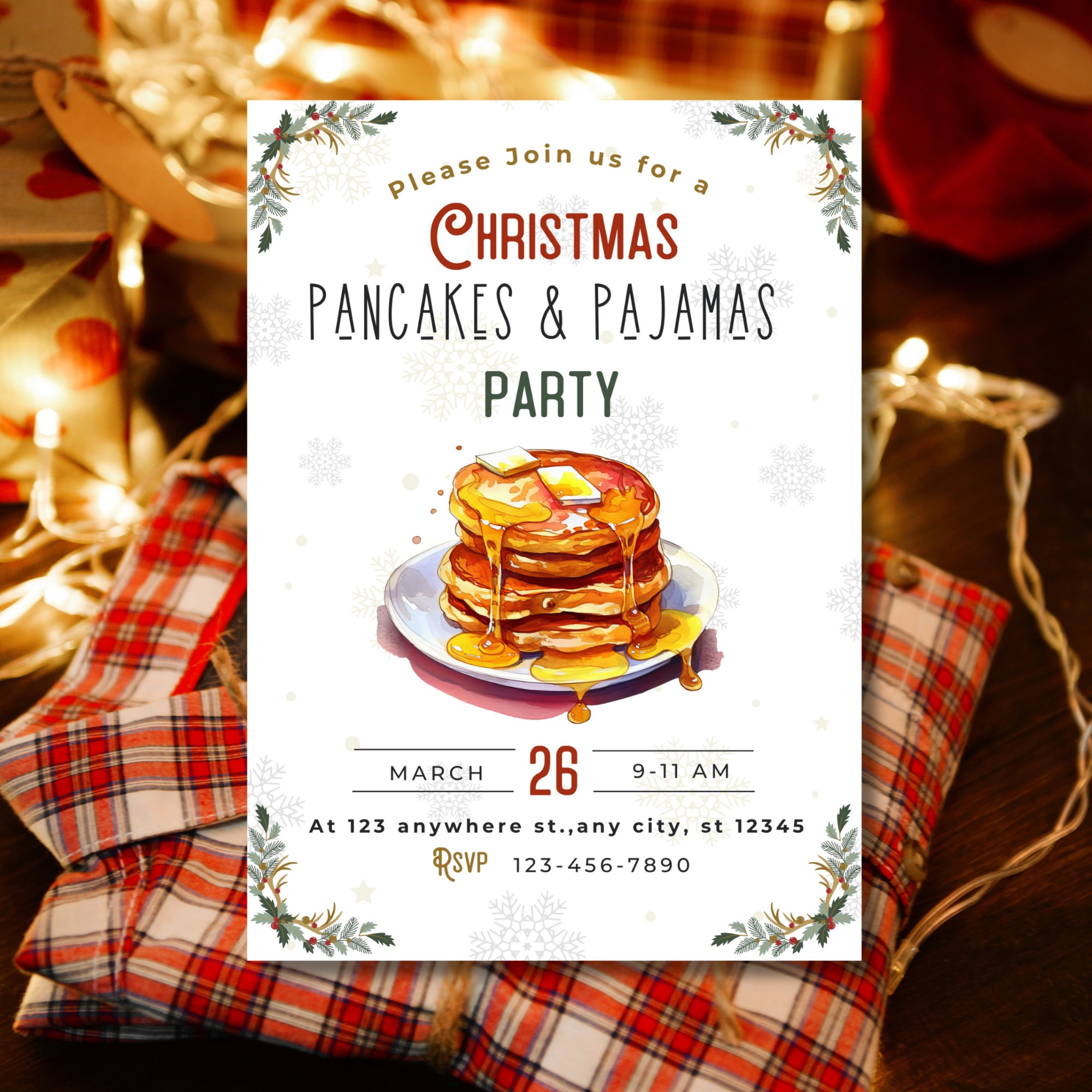Christmas Pancake & Pjs Party Invite Template, Pajama Party, Christmas ...