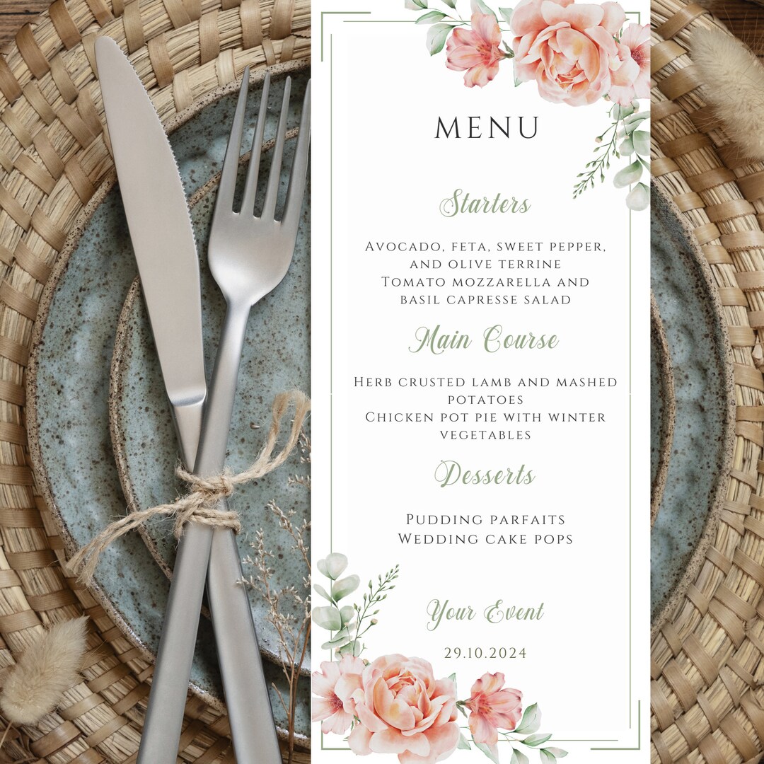Garden Rose and Sage Menu, Garden Party Menu, Floral Menu Template ...