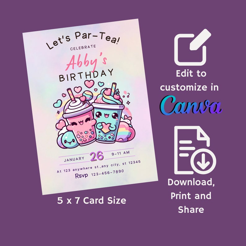 Bubble Tea Birthday Invite, Girl Party Invitation, Digital Template ...