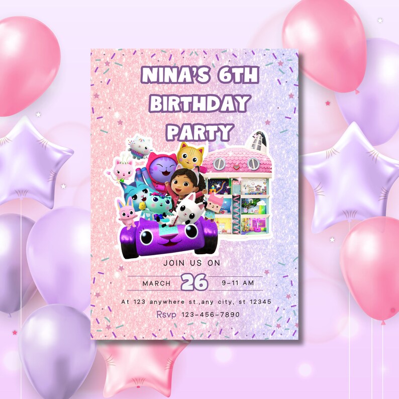 Gabby's Birthday Invite, Gabby Invitation, Pink and Purple Party, Gabby ...