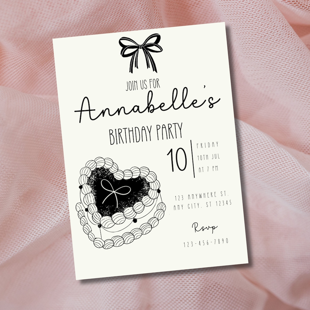 Black Bow Vintage Cake Birthday Invitation, Coquette Birthday, Heart ...