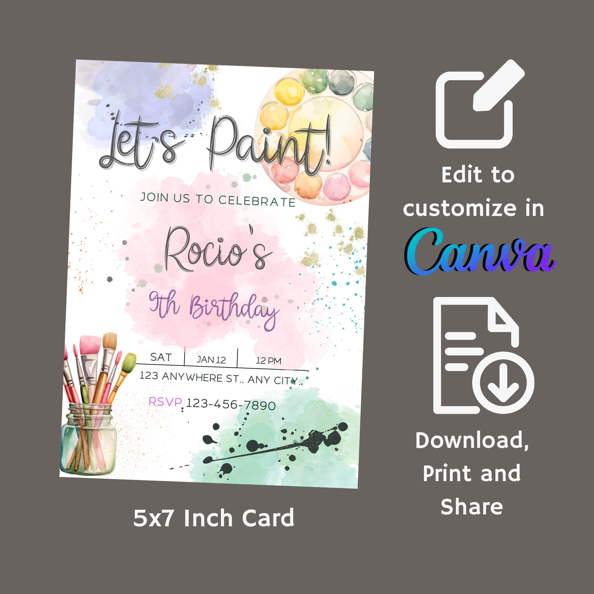 Paint Birthday Party Invite, Art Birthday, Girl Paint Party, Virtual ...