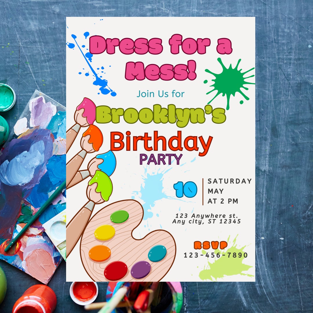 Dress for a Mess Birthday Party Invite, Paint Birthday, Virtual Art ...