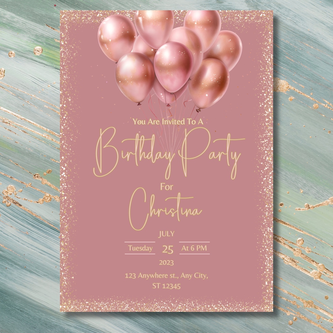 Rose Gold Birthday Invite Template, Birthday Invitation, Editable ...