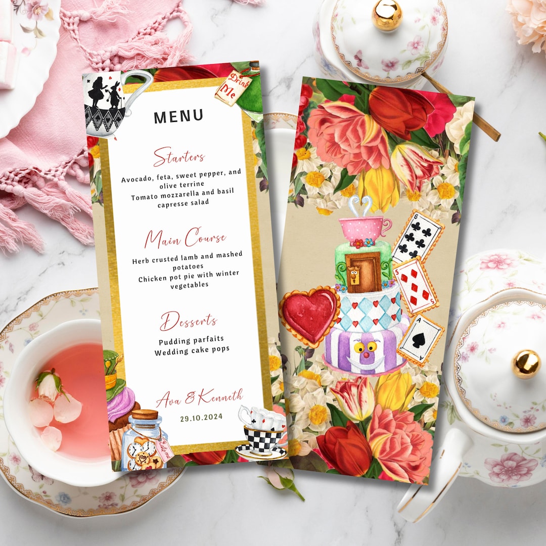 Alice in Wonderland Menu Template: Whimsical Tea Party Wedding (digital ...
